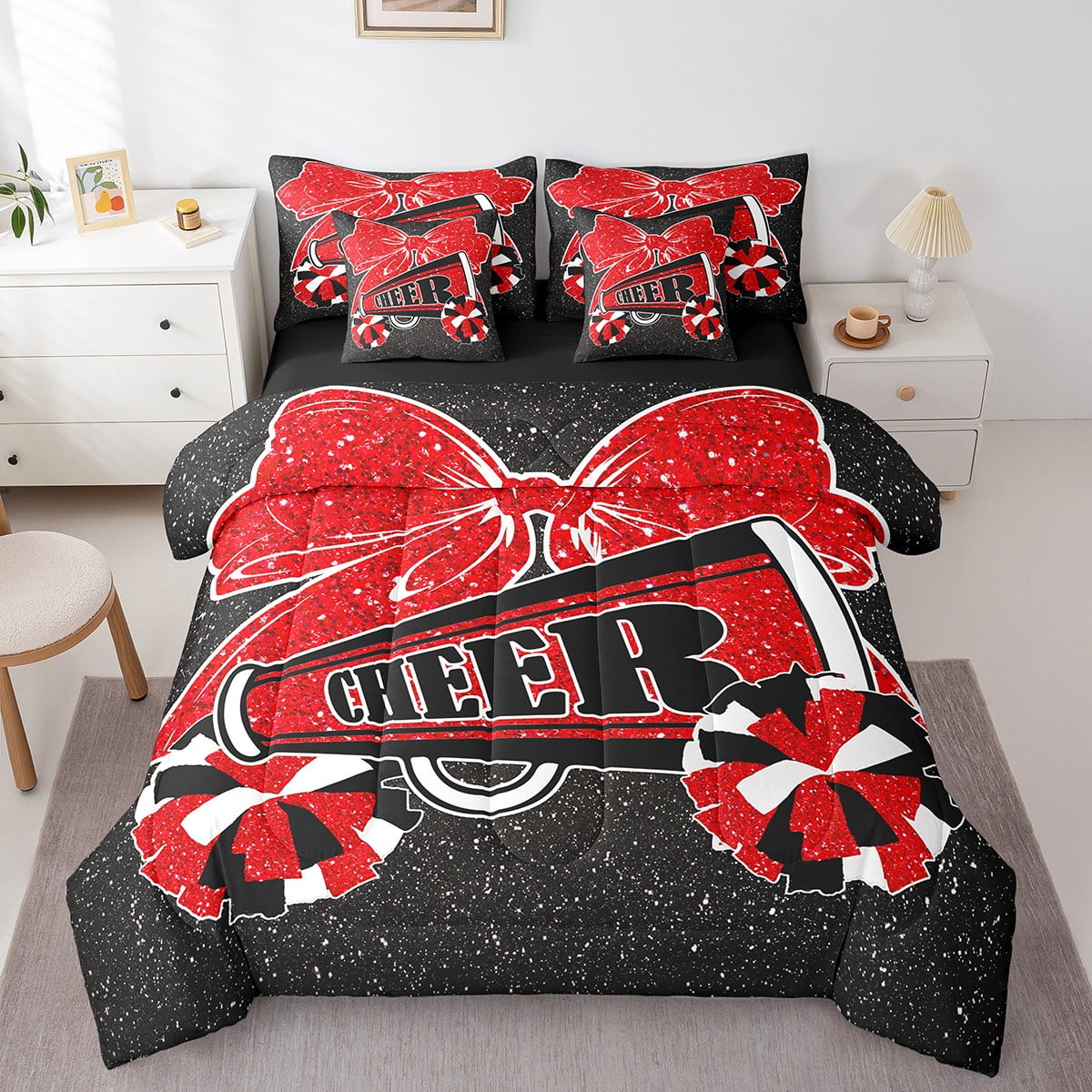 YST Cheerleading Bed in a Bag 7pcs for Girls Red Bow Bedding Set ...