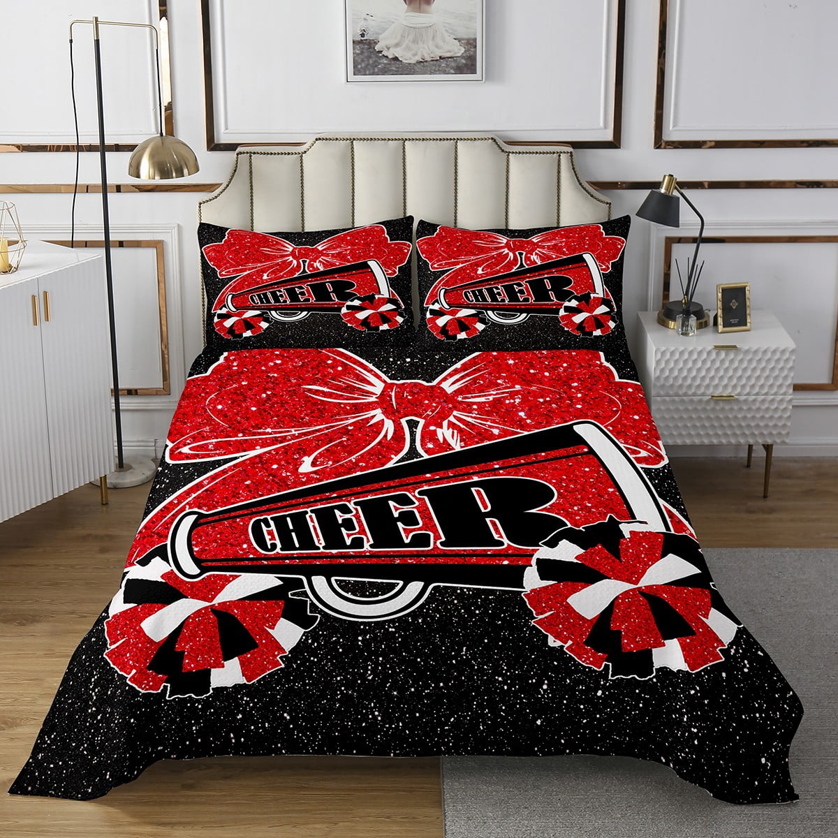 YST Cheerleading Coverlet Twin Size for Girls Red Bow Bedding Set ...