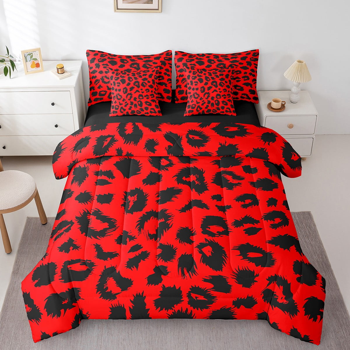 Cheetah Print Queen Comforter Set 7 Piece,Red Black Leopard Bed in A ...