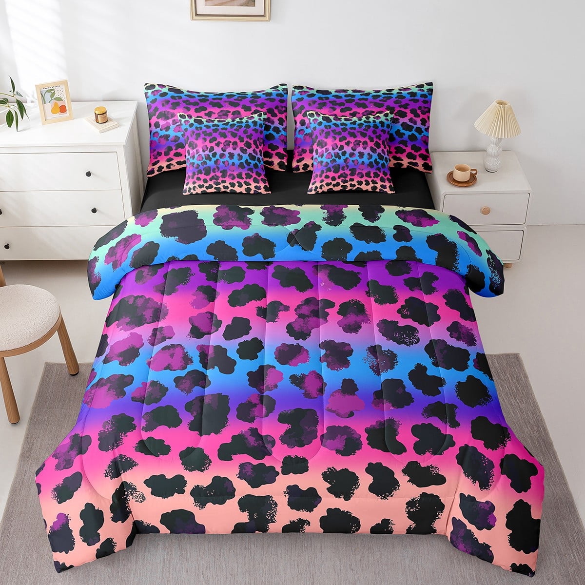 Cheetah Queen Comforter Set 7 Piece,Rainbow Leopard Print Bed In A Bag ...