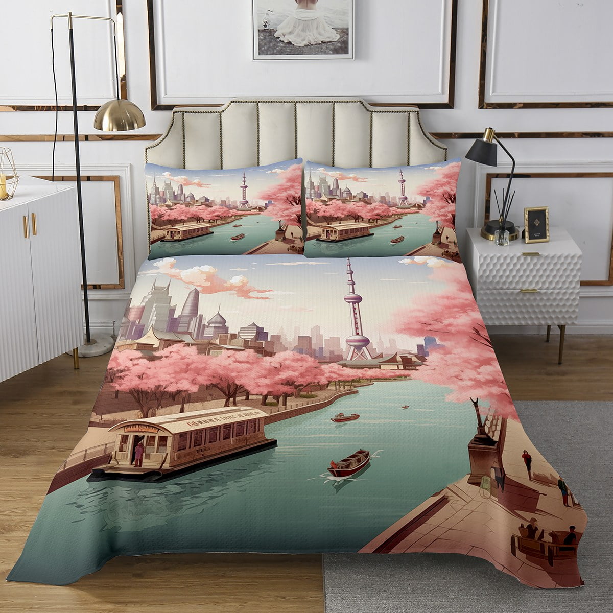 Cherry Blossom Tree Coverlet Set Romance Tower Bedspread Set Women Pink ...