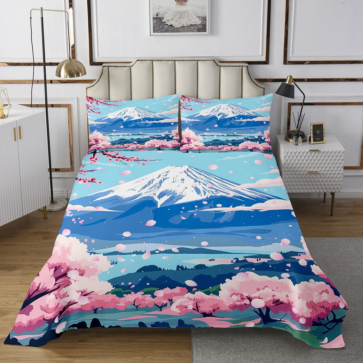 Cherry Blossoms Coverlet Set Japanese Fuji Mountain Quilt Set Japanese ...