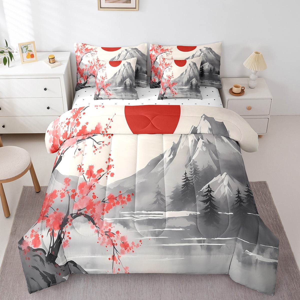 Cherry Blossoms Full Size Comforter Set 7 Piece,Japanese Red Floral ...