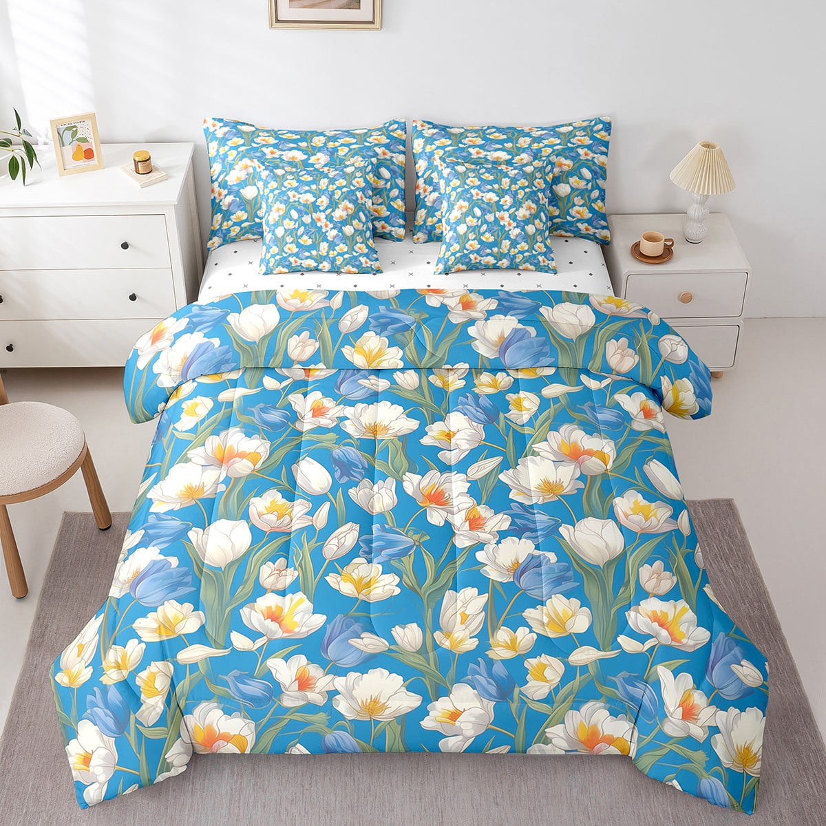YST Chic Blossom Queen Comforter Set 7-Piece Blue White Flower Bedding ...