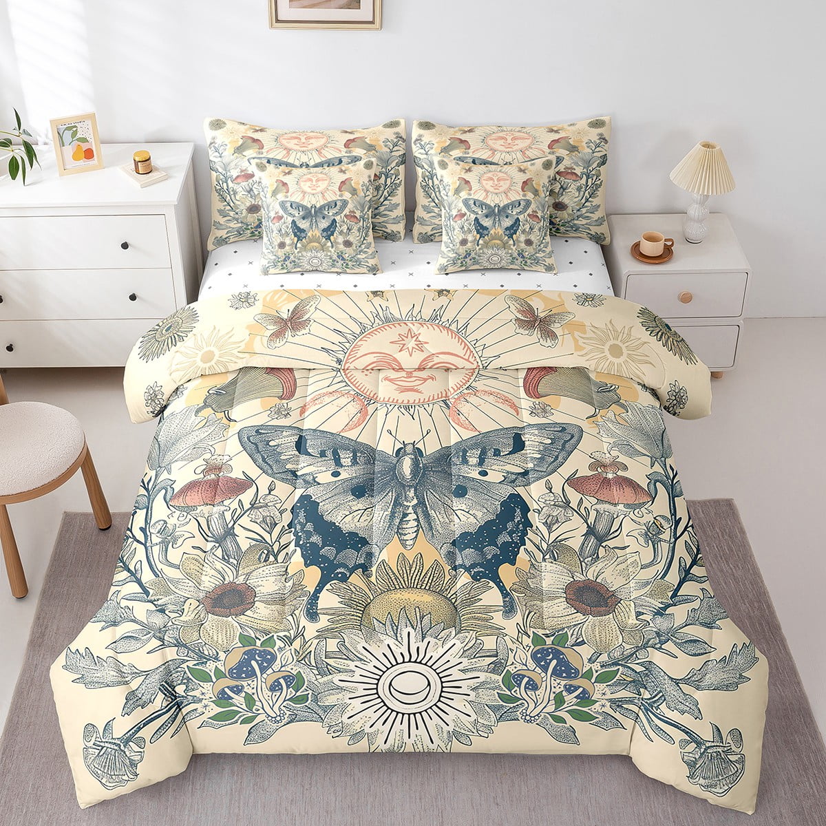 Chic Butterfly Bedding Comforter Sets 7pcs Sun and Moon Print Bed in a ...
