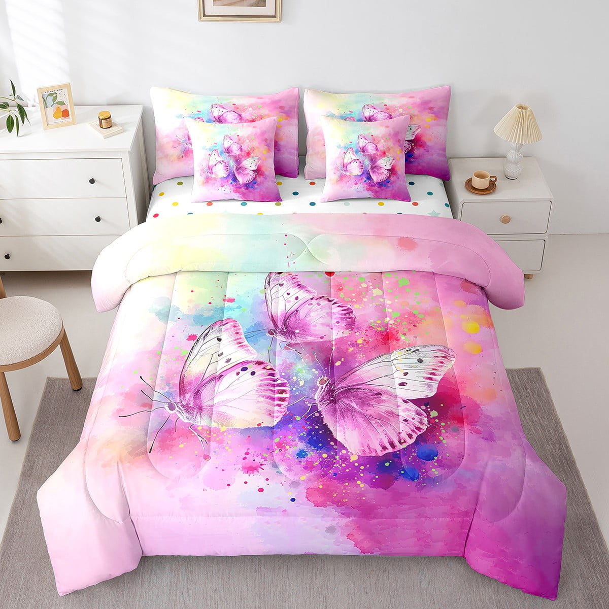 Chic Butterfly Bedding Queen Size 7pcs Women Pink Watercolor Comforter ...