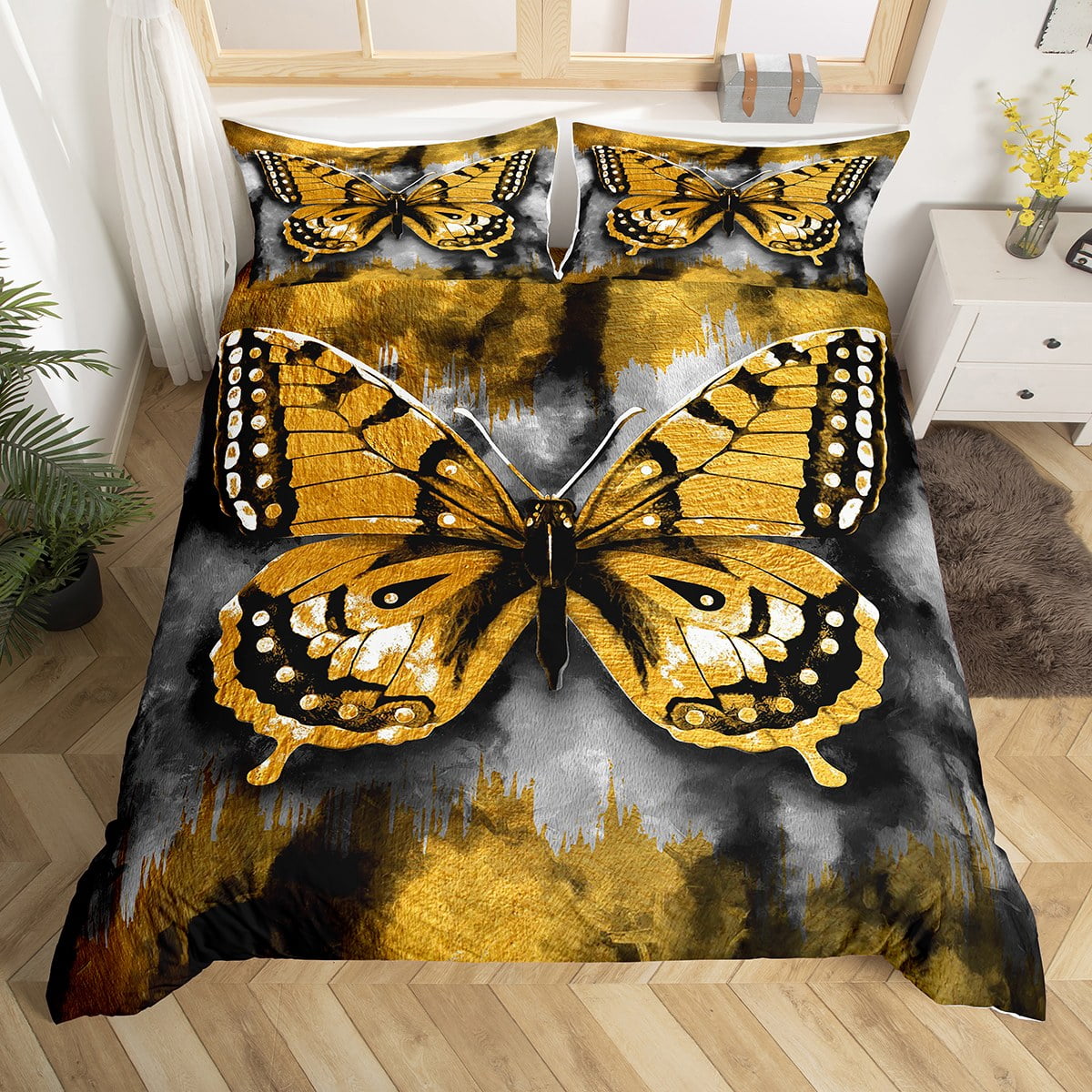 YST Chic Butterfly Bedding Sets King Gold Butterfly Comforter Cover ...