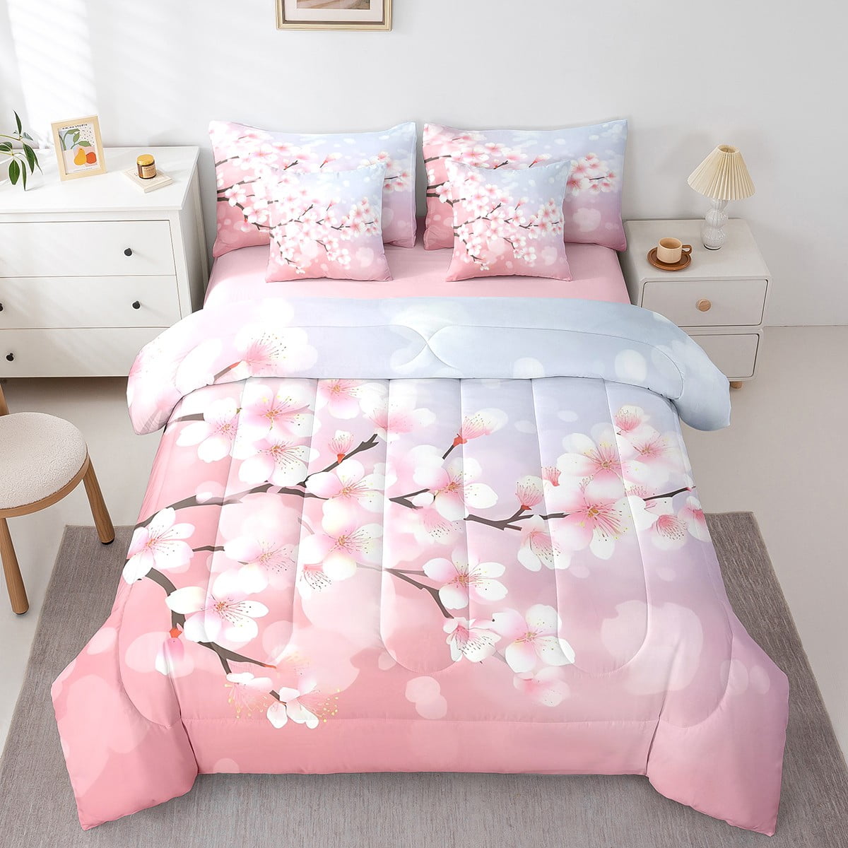 Chic Cherry Blossoms Bedding Set Pastel Pink Blue Full Comforter Set 7-Piece, Watercolor Flower ...