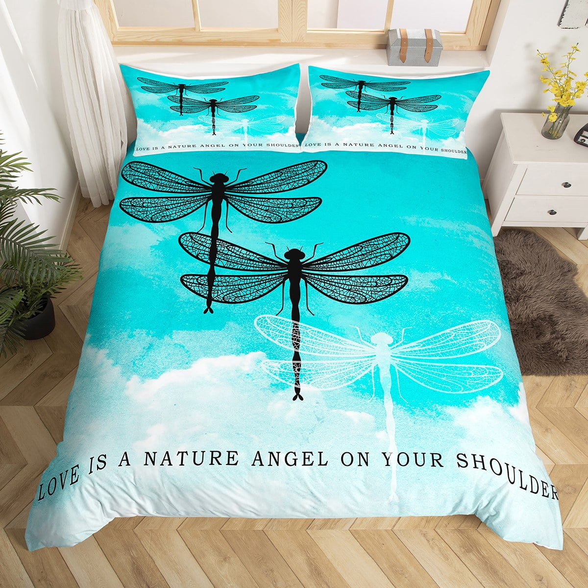 YST Chic Dragonfly Bed Set Teal Watercolor Duvet Cover, Black White ...