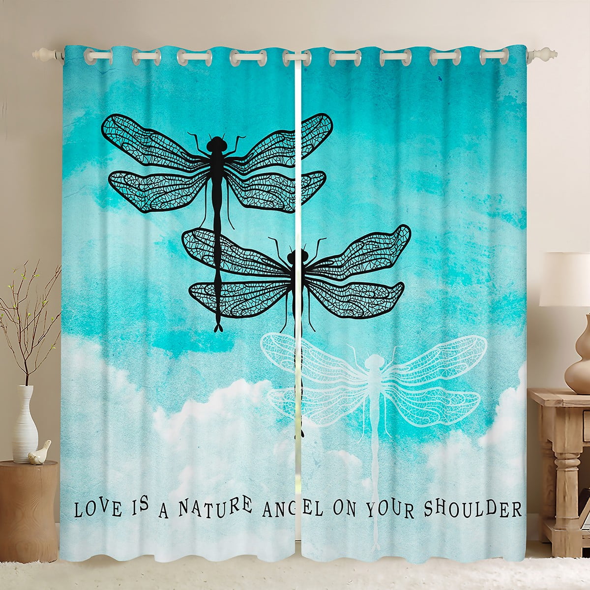 Erosebridal Chic Dragonfly Curtains Teal Watercolor Curtains & Drapes ...