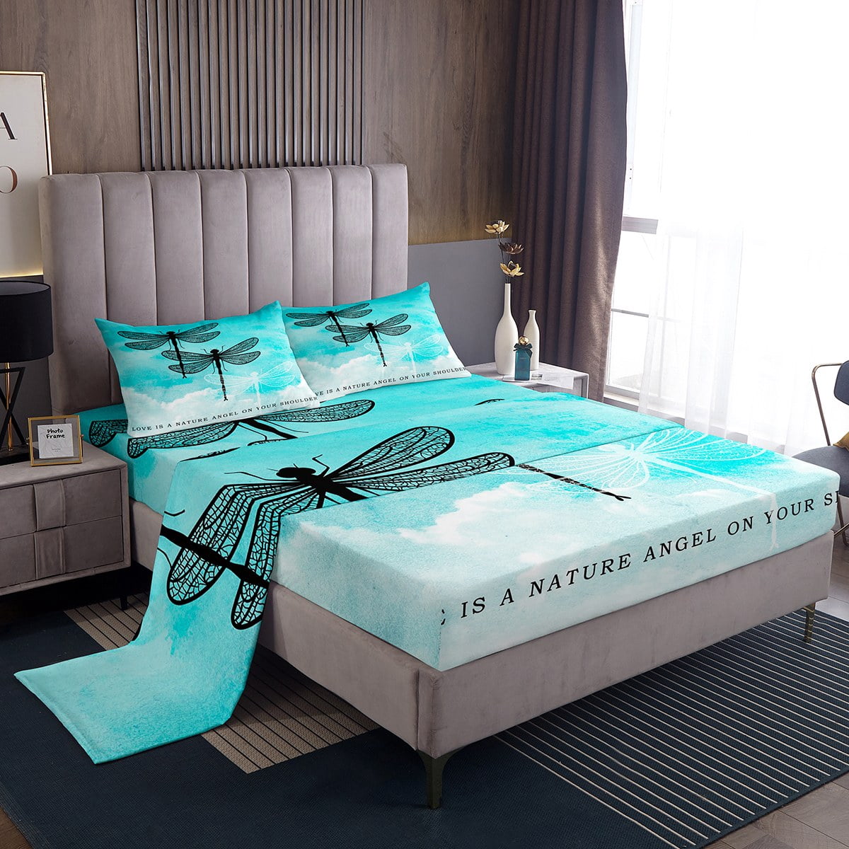 Chic Dragonfly King Sheets Teal Watercolor Bed Set, Black White ...
