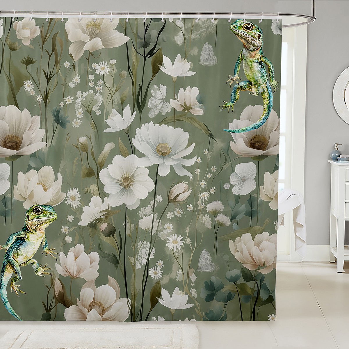 Chic Floral Bath Curtain Lizard Shower Curtain,Tropical Plant Leaves ...