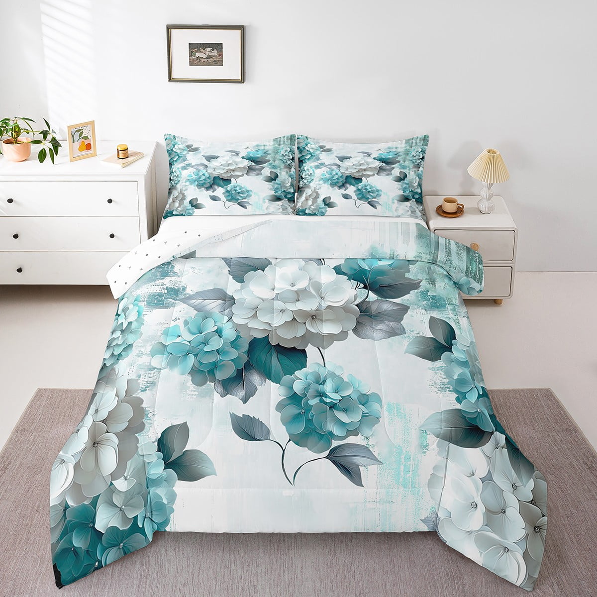 Chic Floral Bedding Queen Size Women Hydrangea Flower Comforter Set ...