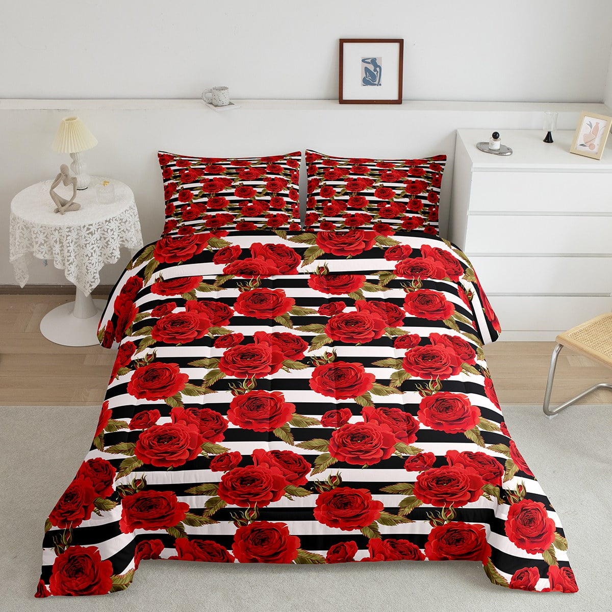 YST Chic Floral Bedding Set Queen Black White Stripe Comforter Set, Red ...