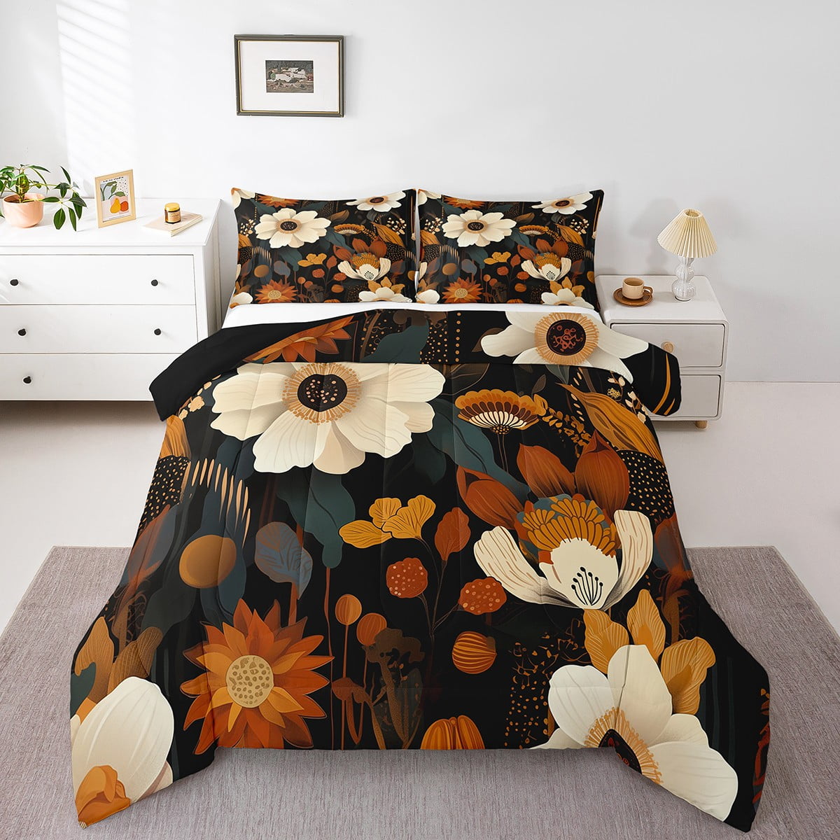 Chic Floral King Comforter Set Women Boho Flower Bedding Set, Tropical ...