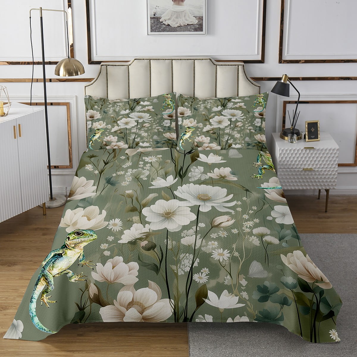 YST Chic Floral Twin Bedspread Set for Child Lizard Quilt Set, Tropical ...