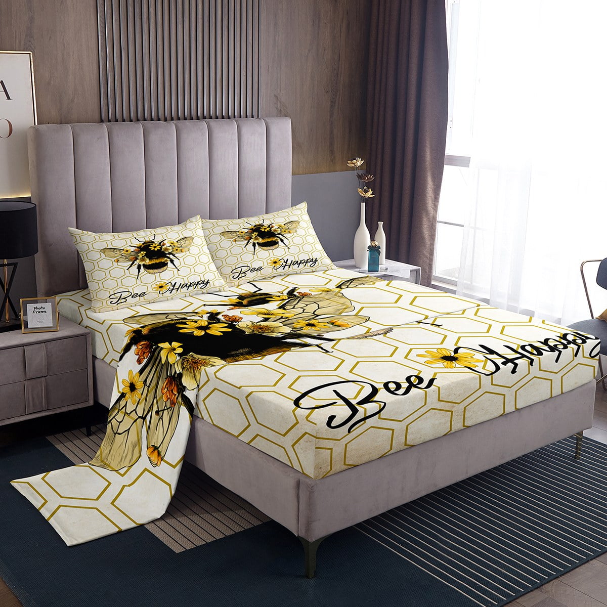 Chic Honey Bee Bed Sheets Set Gold Honeycomb Full Size Sheet Sets, Bee ...