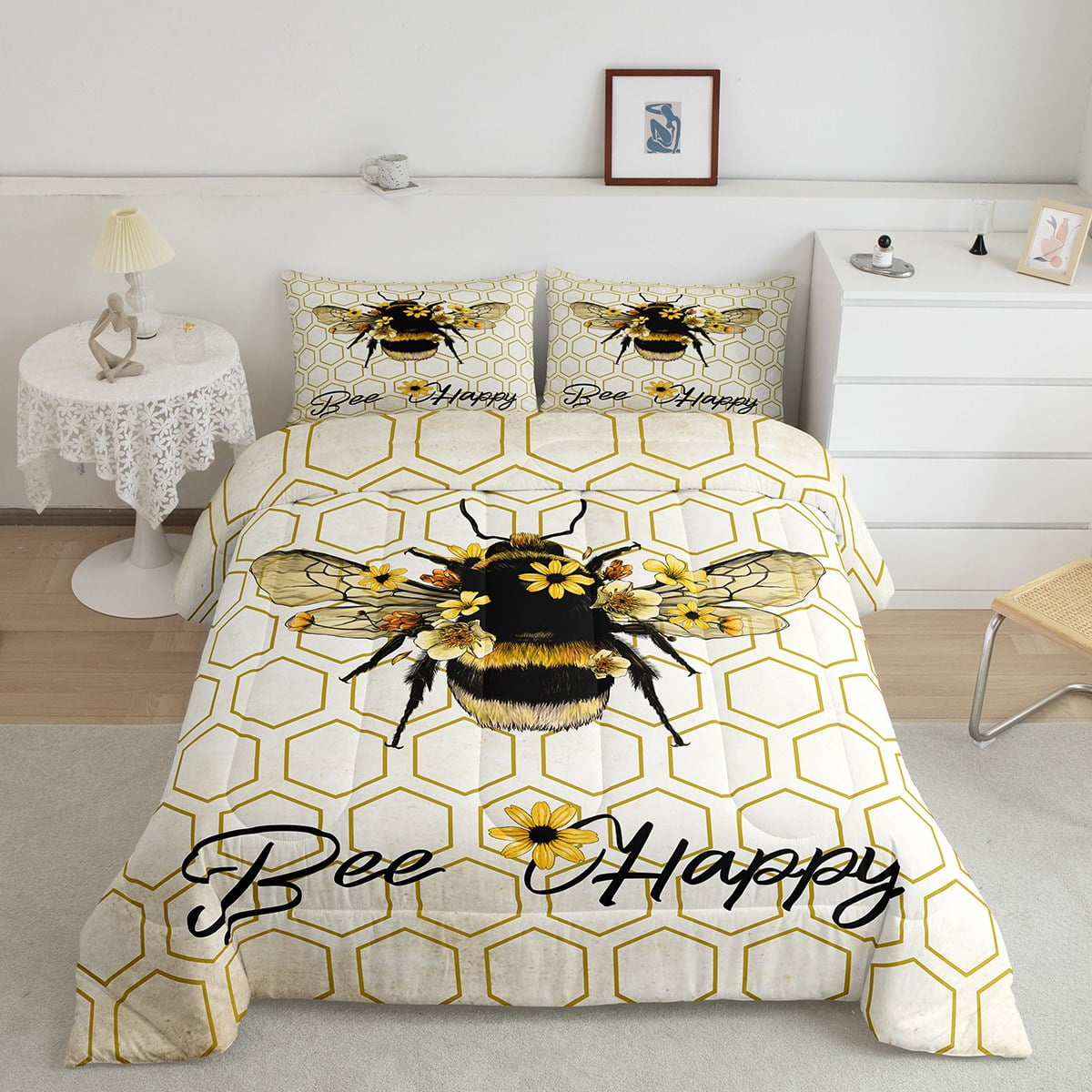 YST Chic Honey Bee Comforter Set Queen Gold Honeycomb Bedding Set, Bee ...