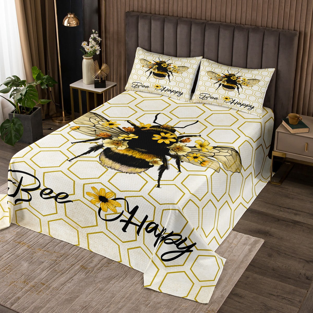 YST Chic Honey Bee Queen Quilt Set Gold Honeycomb Coverlet Set, Bee ...