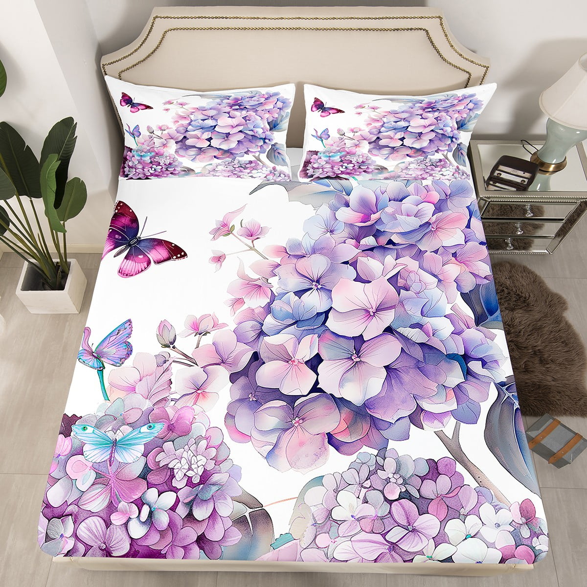 YST Chic Hydrangea Bed Sheets Coloful Butterfly Queen Fitted Sheet For ...