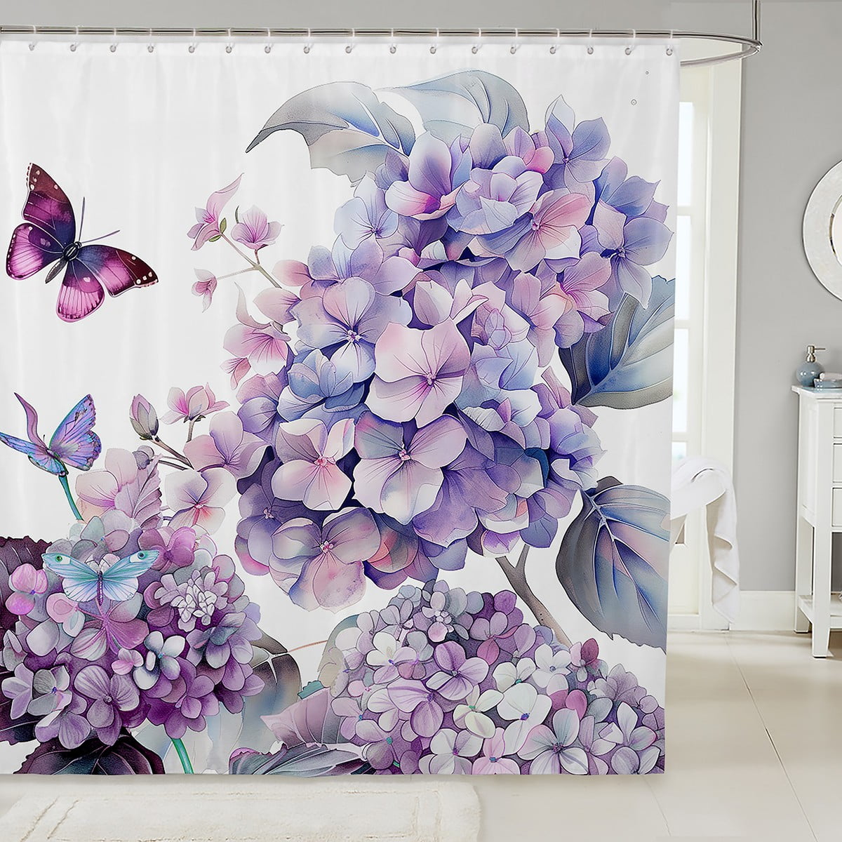 Chic Hydrangea Waterproof Bathroom Curtain Coloful Butterfly Shower ...