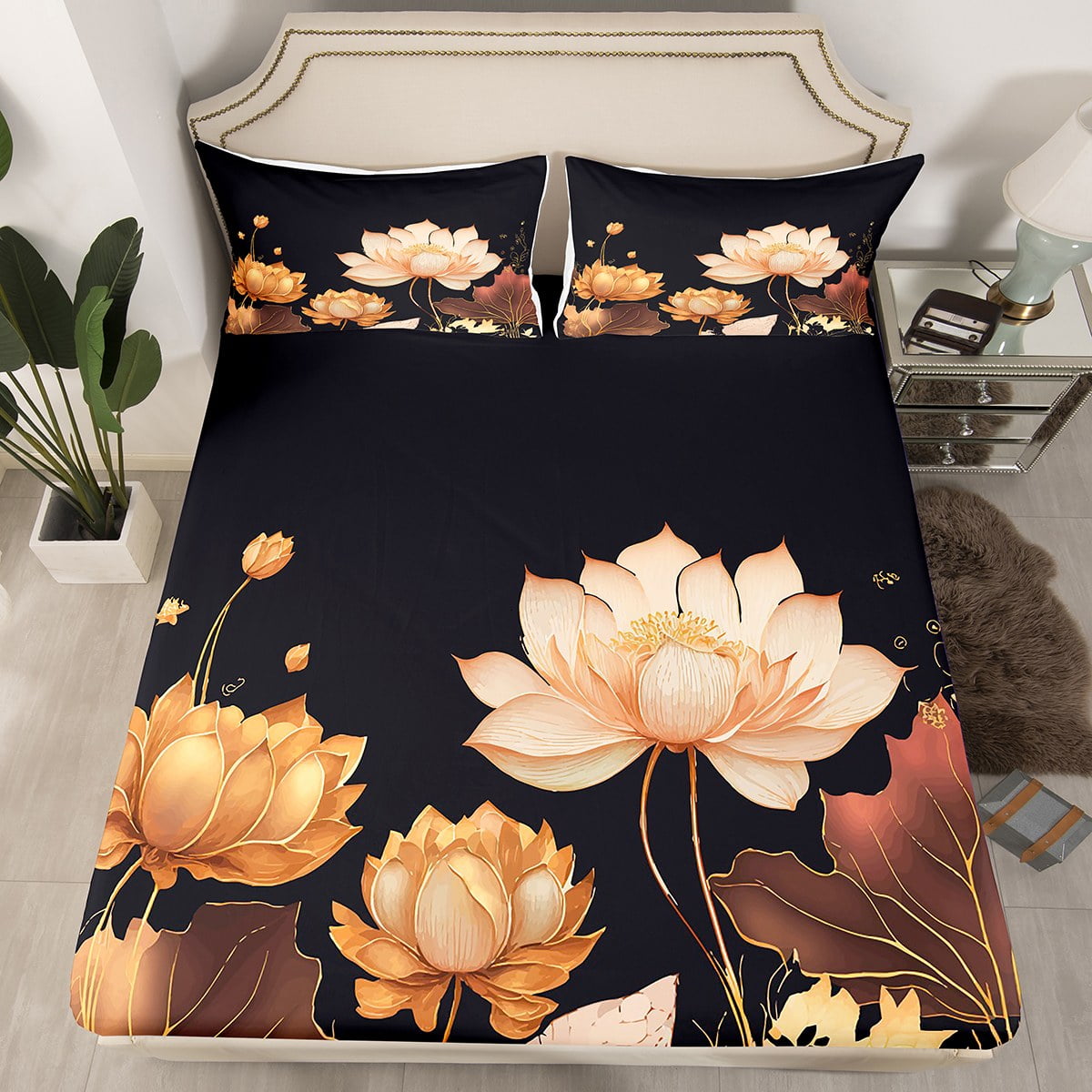 Chic Lotus Flower Bed Sheets for Women Floral Fitted Sheet Twin Size ...