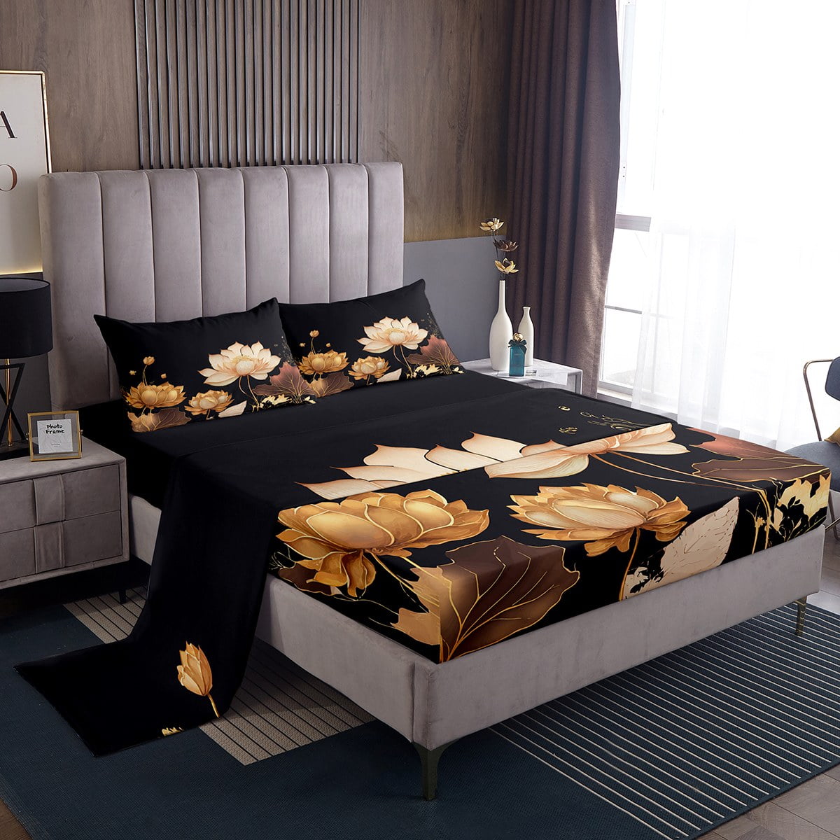 Chic Lotus Flower Full Sheets for Women Floral Bed Set, Black and Gold ...