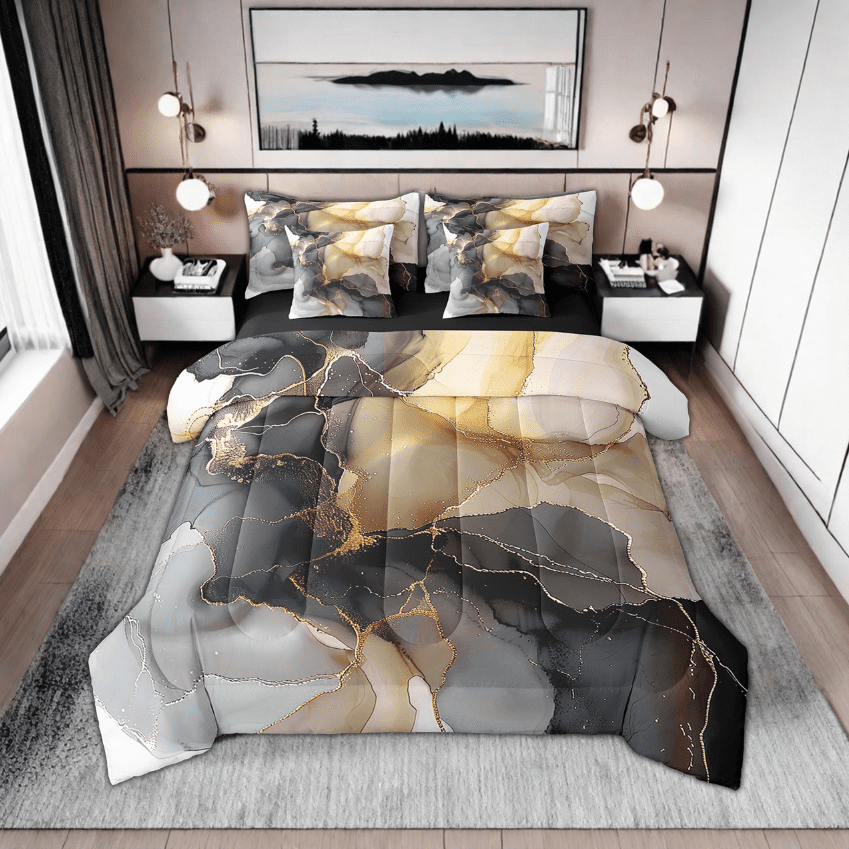 Chic Marble Bed in a Bag 7pcs Black Gold Watercolor Bedding Set ...