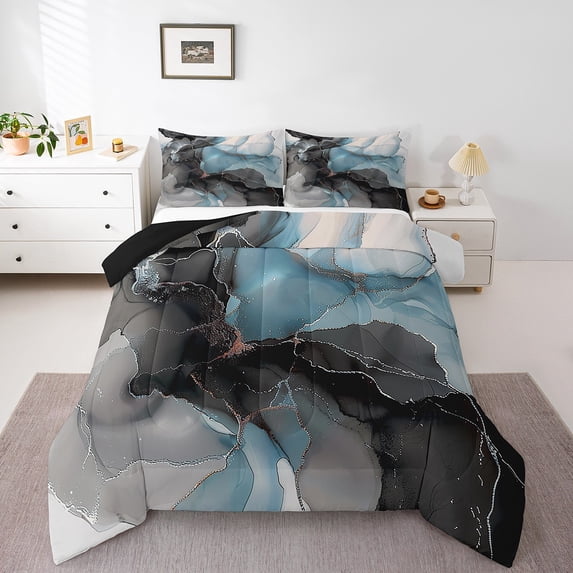 Erosebridal Chic Marble Queen Size Comforter Set Black Blue Watercolor ...