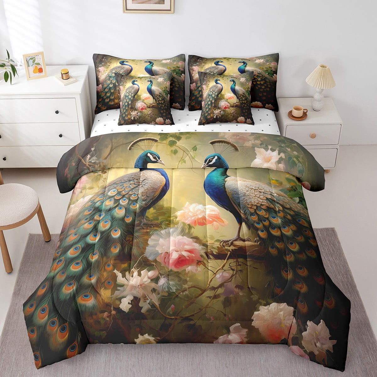 YST Chic Peacock Full Bedding Sets 7-Piece 3D Jungle Peacock Printed ...