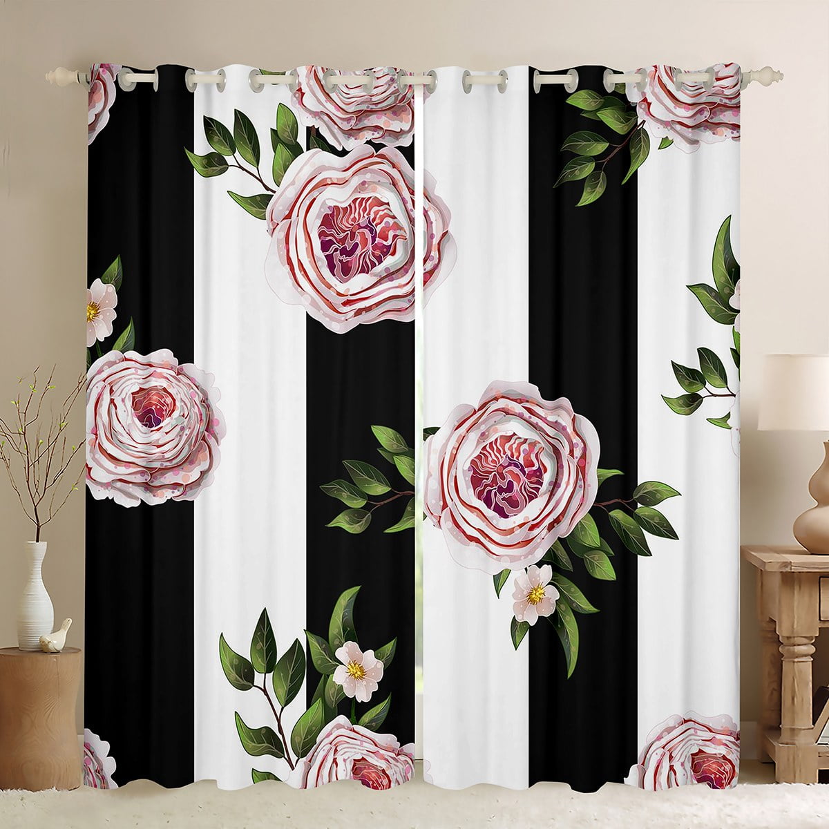 YST Chic Pink Rose Curtains & Drapes for Girls Black White Stripe ...