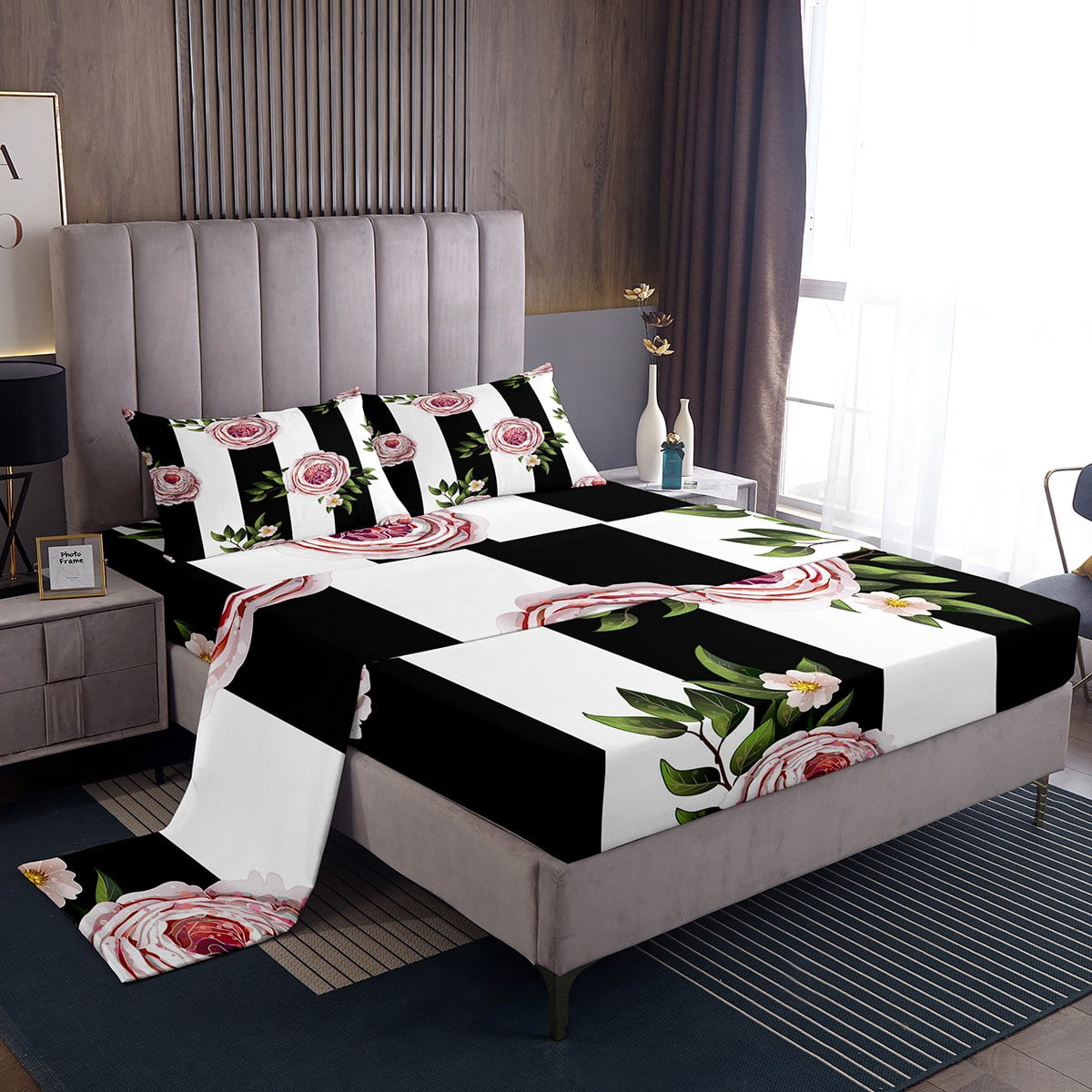 Erosebridal Chic Pink Rose Full Sheets Black White Stripe Bed Set ...