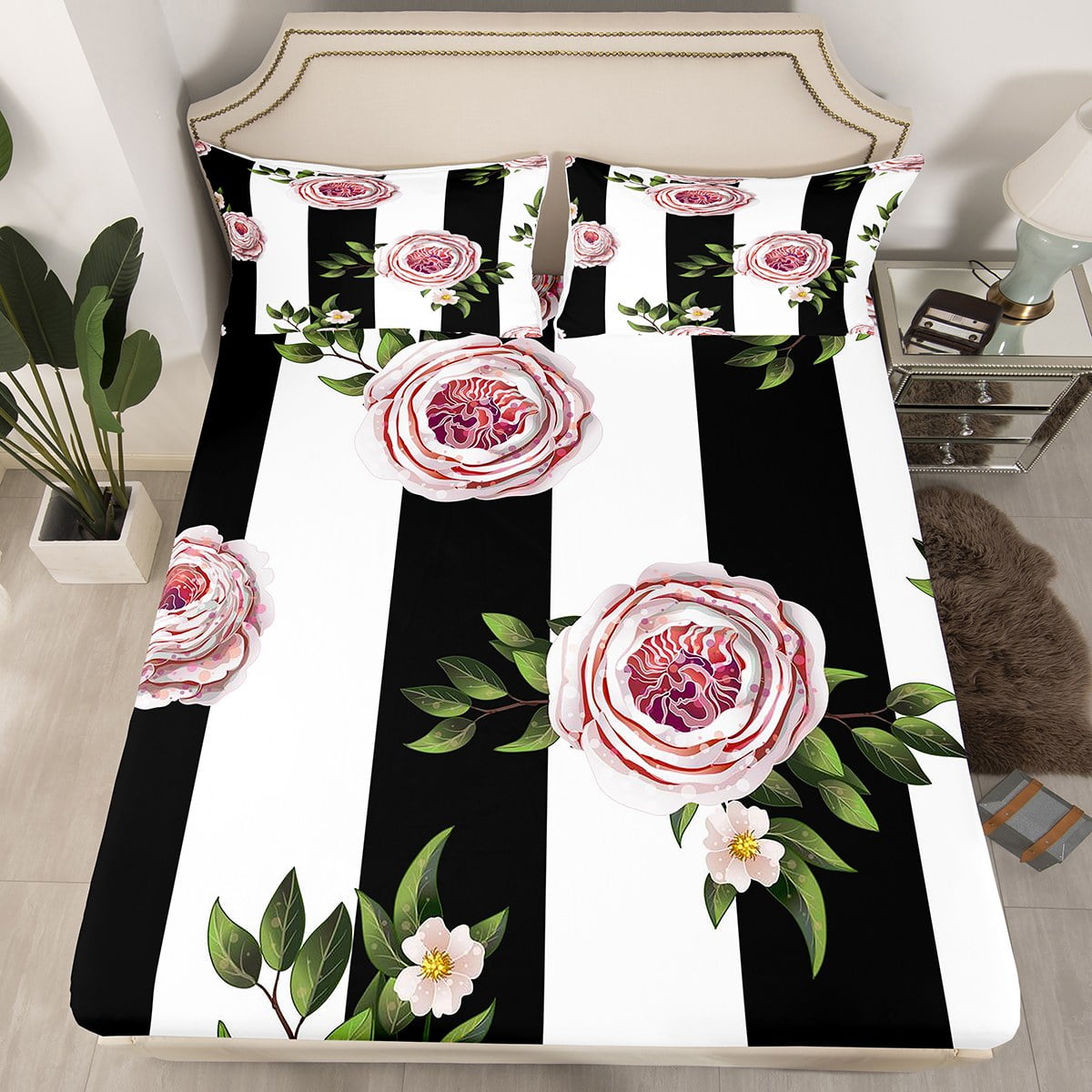 Erosebridal Chic Pink Rose Twin Sheets Black White Stripe Bed Sheets ...
