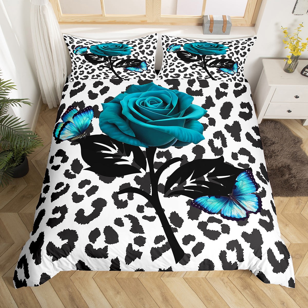 YST Chic Rose Comforter Cover Blue Butterfly Bed Set, Black White ...