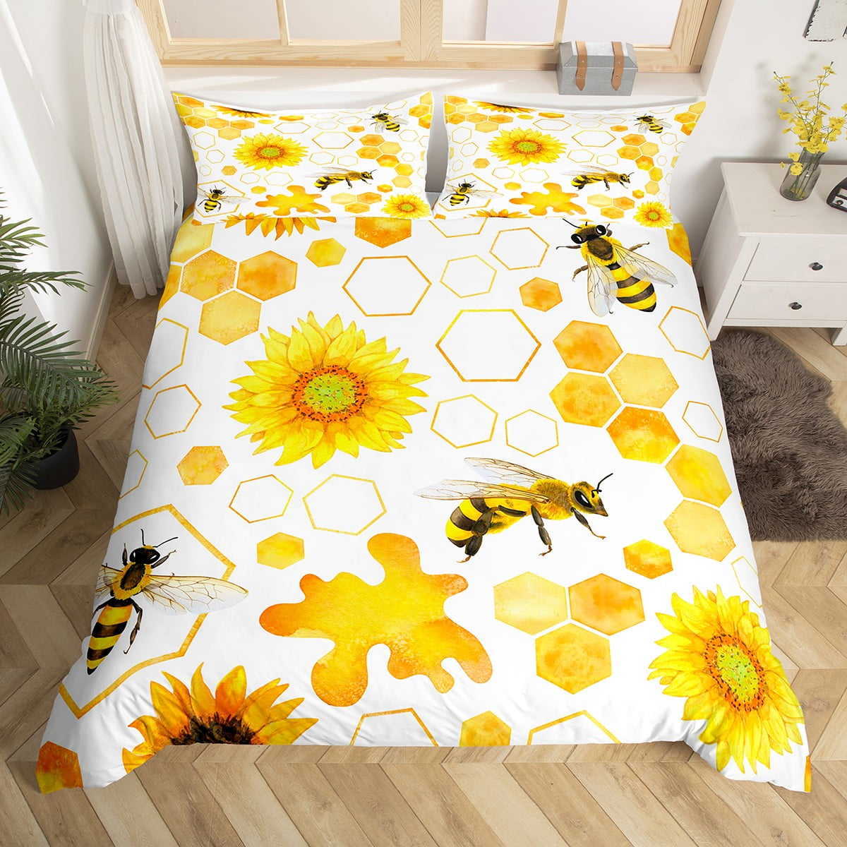 Erosebridal Chic Sunflower Bed Set Cute Honeybee Duvet Cover, Geometric ...