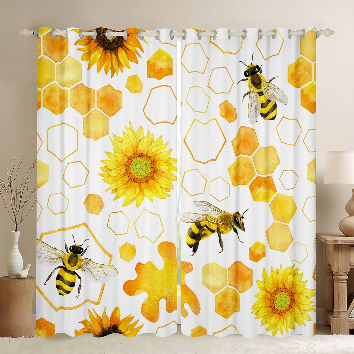 YST Chic Sunflower Curtains & Drapes Cute Honeybee Blackout Curtains ...