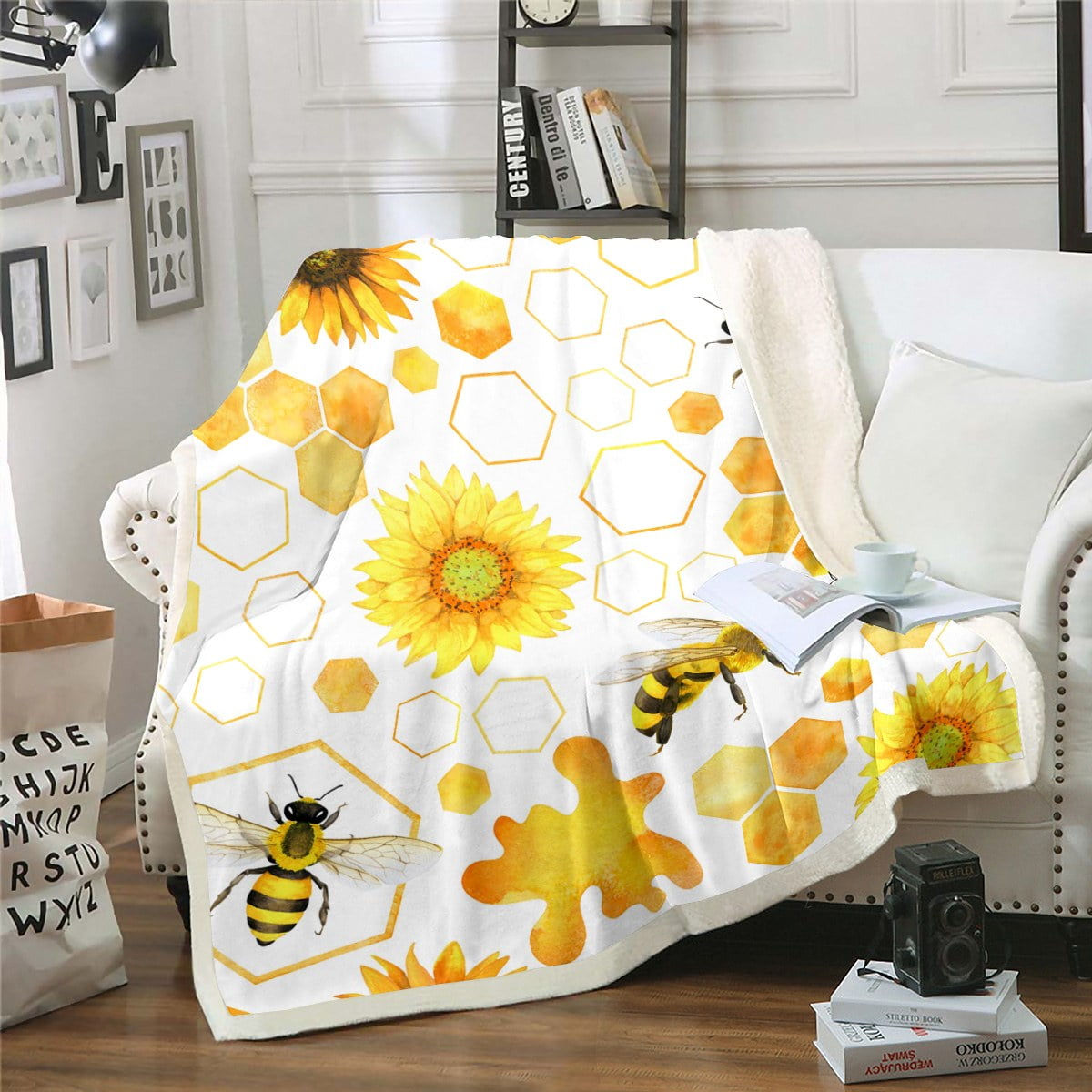 Chic Sunflower Fleece Blanket Cute Honeybee Sherpa Blanket, Geometric ...