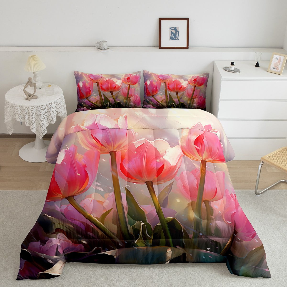 YST Chic Tulip Flowers Comforter Set Full Girls Pink Floral Bedding Set ...