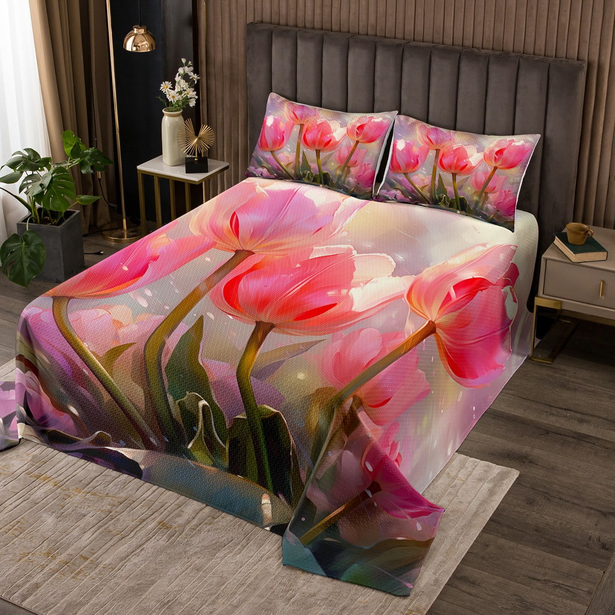 Chic Tulip Flowers Coverlet King Size Pink Floral Bedspread Size,Girly ...