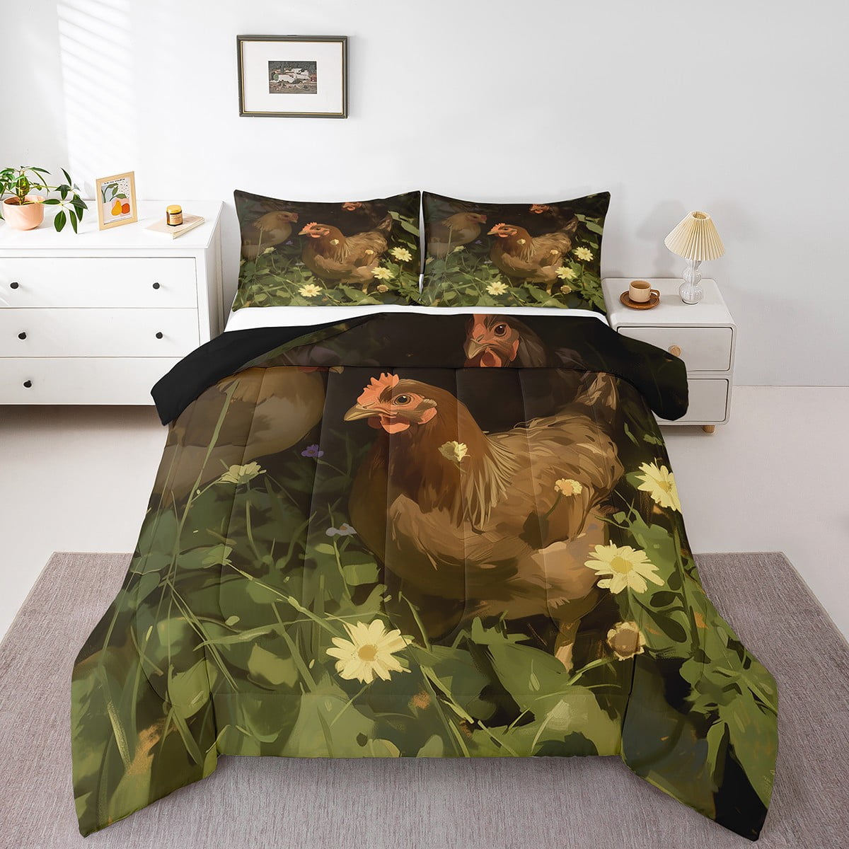 YST Chicken Hen Bedding Set Rooster Quilt Queen Size Farm Animals ...