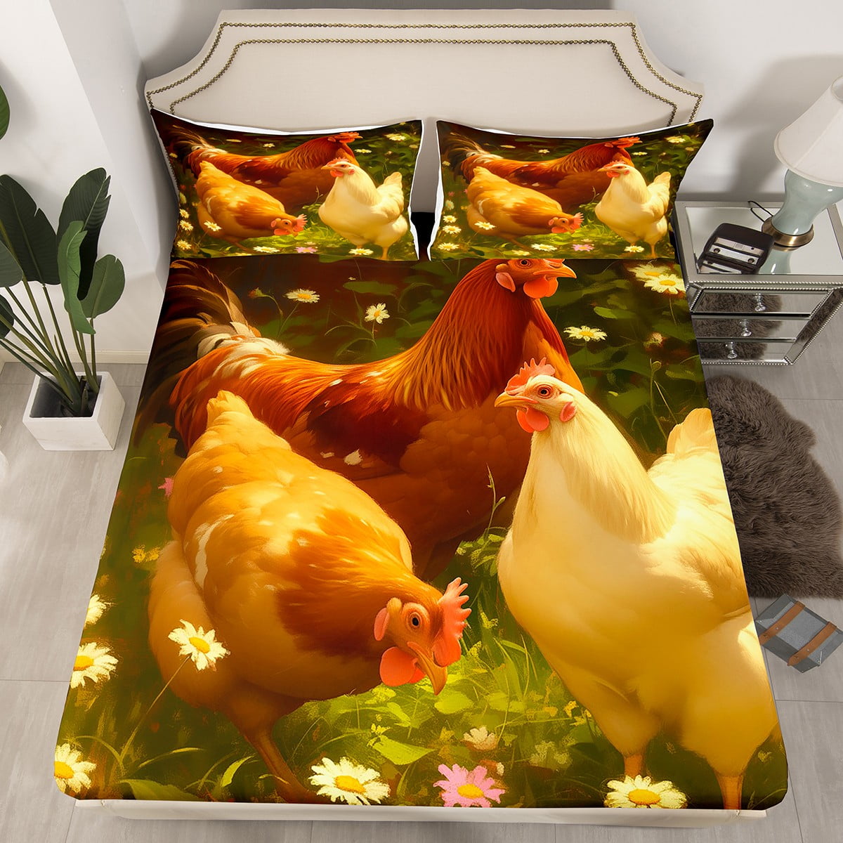 Chicken Twin Size Bed Sheets Vintage Rooster Bedding Set Rural Scenery ...