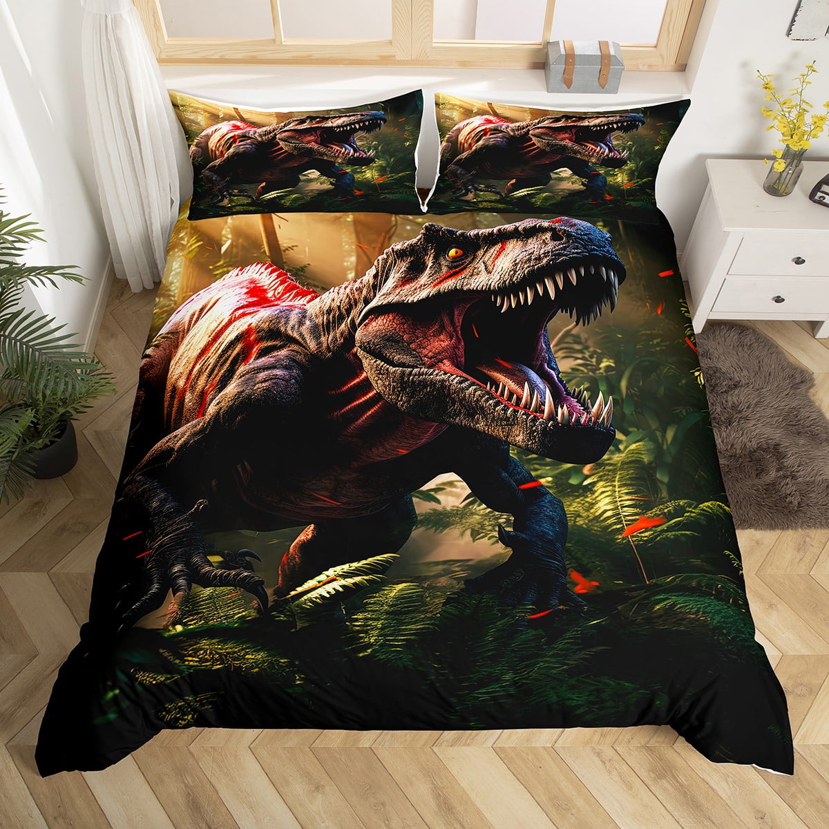 YST Child Boys 3D Dinosaur Duvet Cover Queen Toddler Dino Bedding Sets, Wild Animal Comforter ...