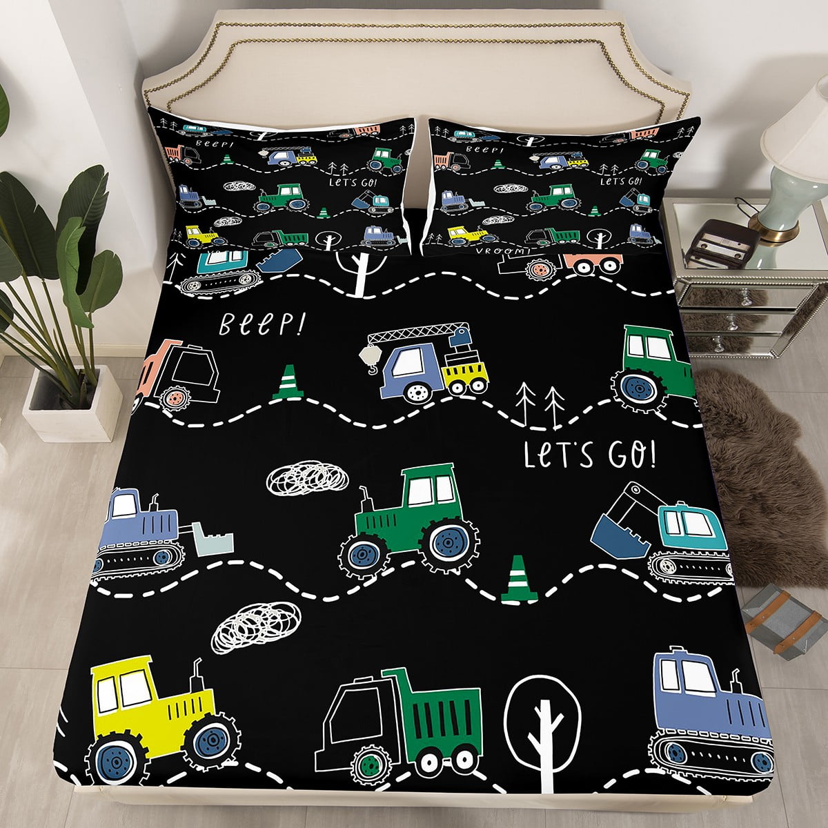 YST Children Boys Tractor Bed Sheets Funny Dinosaur Fitted Sheet Queen ...