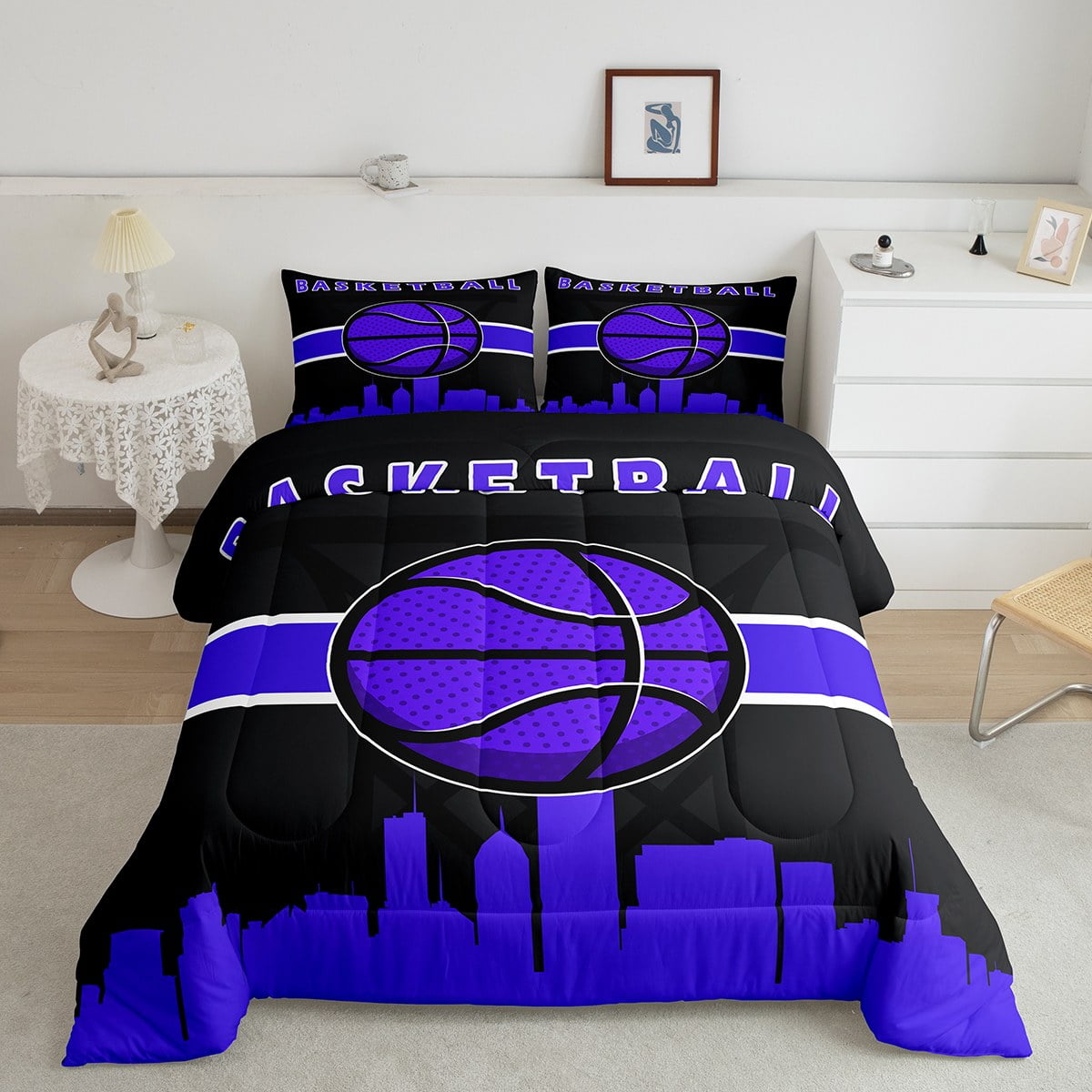 Video Game Comforter Set Queen Sport Bedding Set, Basketball Quilt Set Black Navy Blue Bedding ...