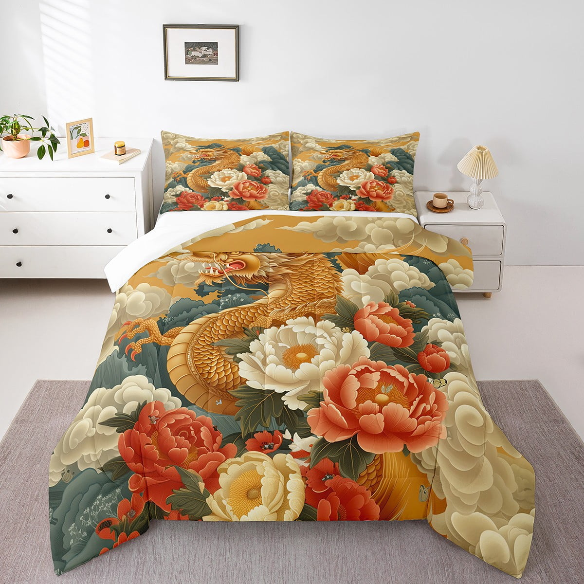 YST Chinese Dragon King Comforter Set,Asian Oriental Dragon Floral ...