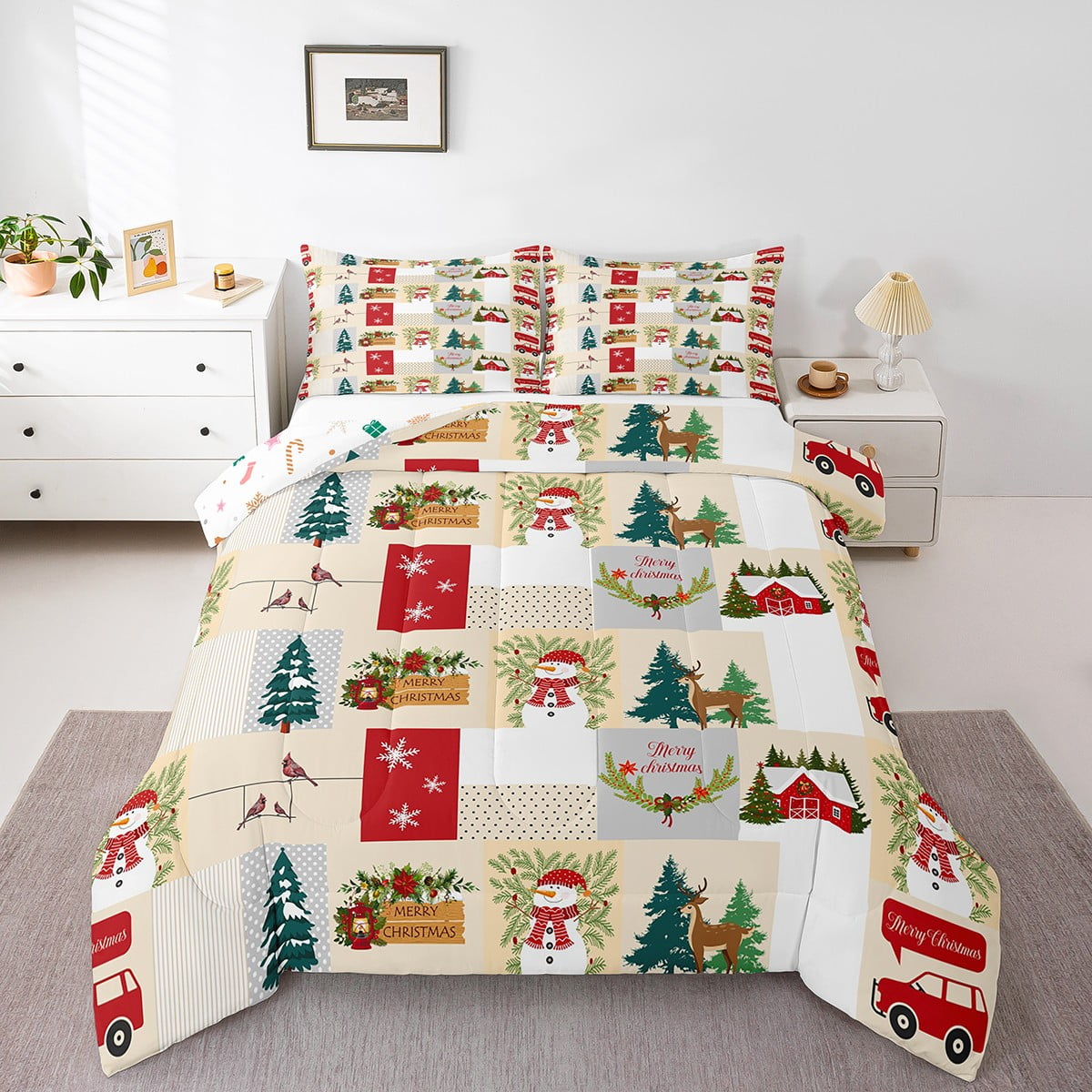 Christmas Bed Comforter Set Queen Christmas Cardinal Deer Snowman ...