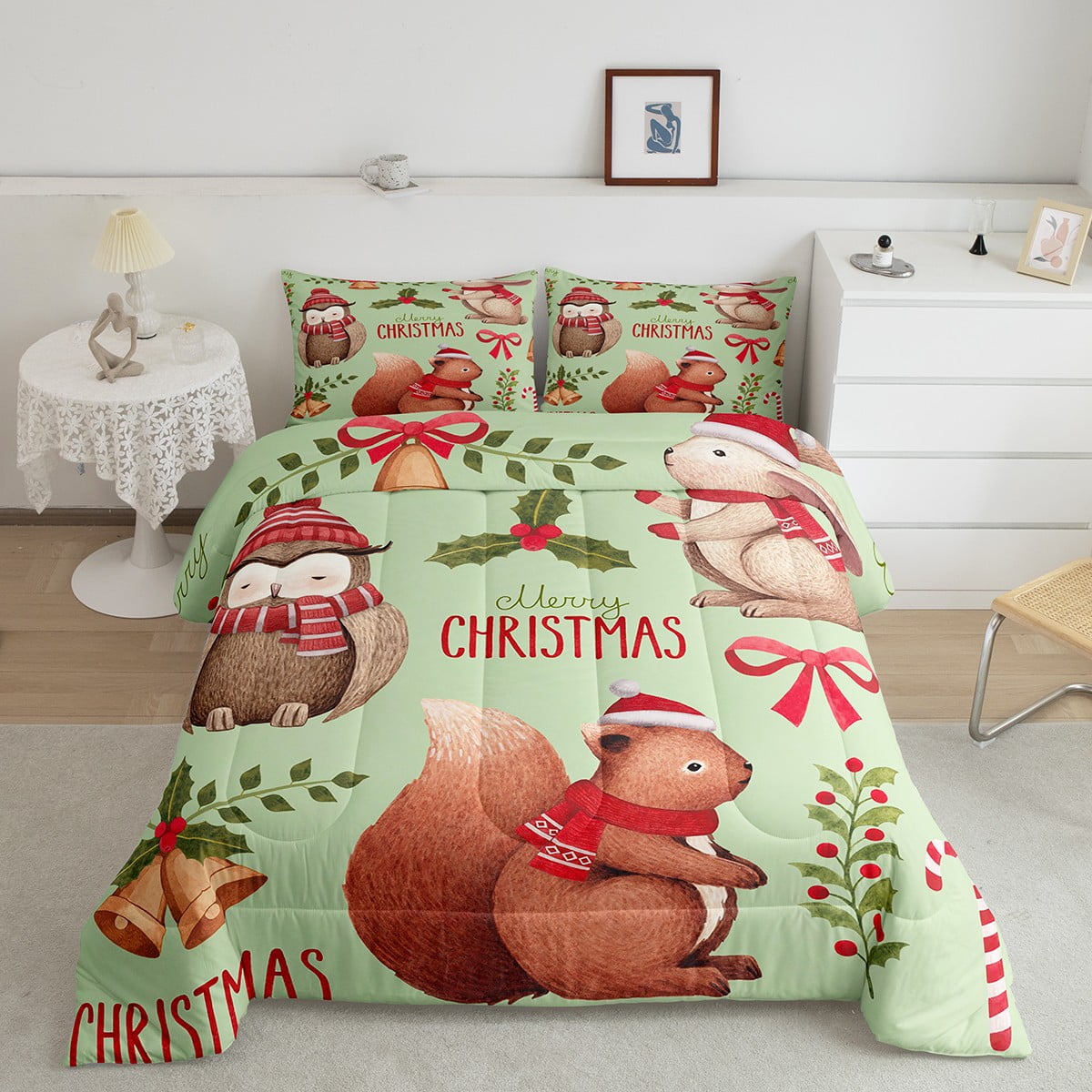 Christmas Bedding Set, Penguin Comforter Set Twin Size Cute Xmas Rabbit ...