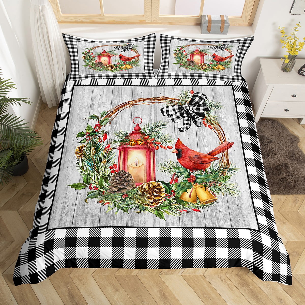 Christmas Cardinal Comforter Cover Queen Black White Buffalo Plaid ...