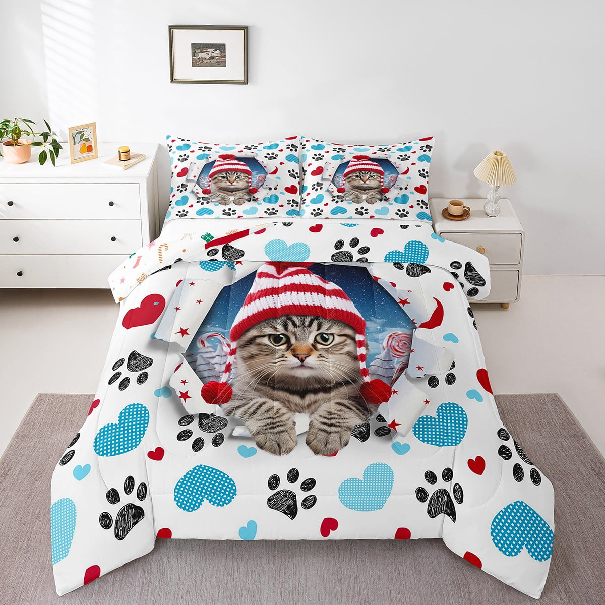 YST Christmas Cat Comforter Set Cute Cat 3D Bedding, Cartoon Xmas Cat ...