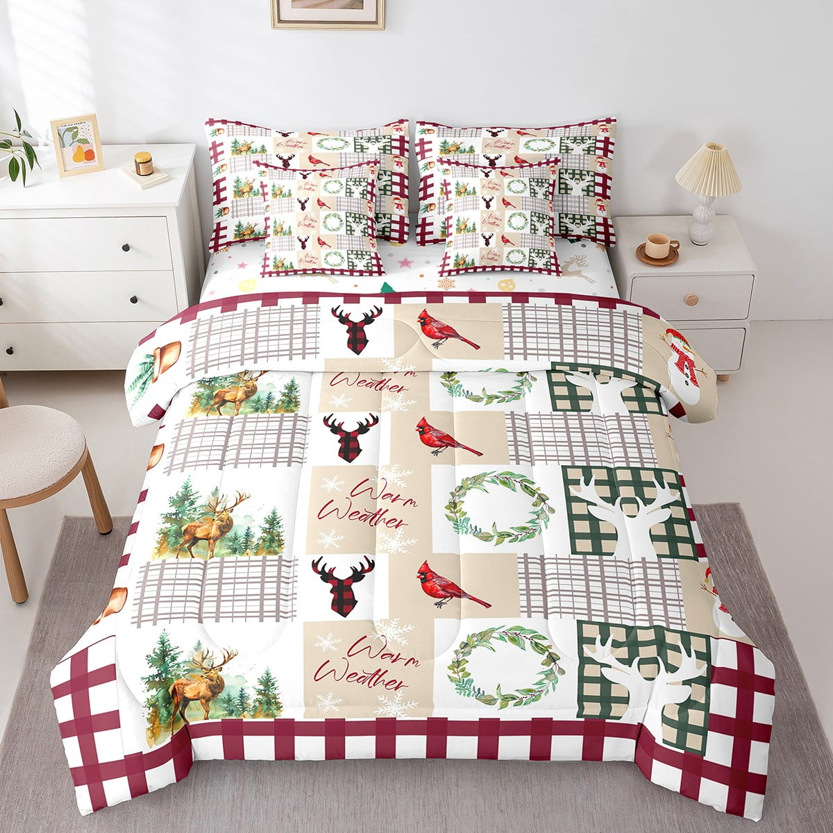 Christmas Elk Deer Queen 7 Piece Comforter Set With Sheets Xmas Red ...
